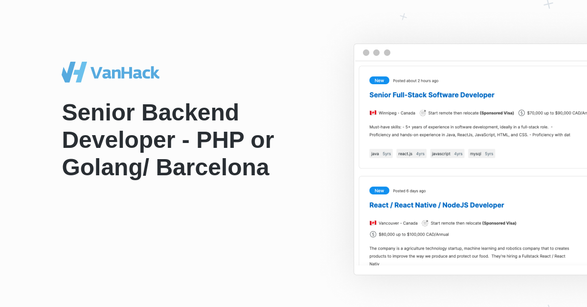 Senior Backend Developer - PHP or Golang/ Barcelona - VanHack